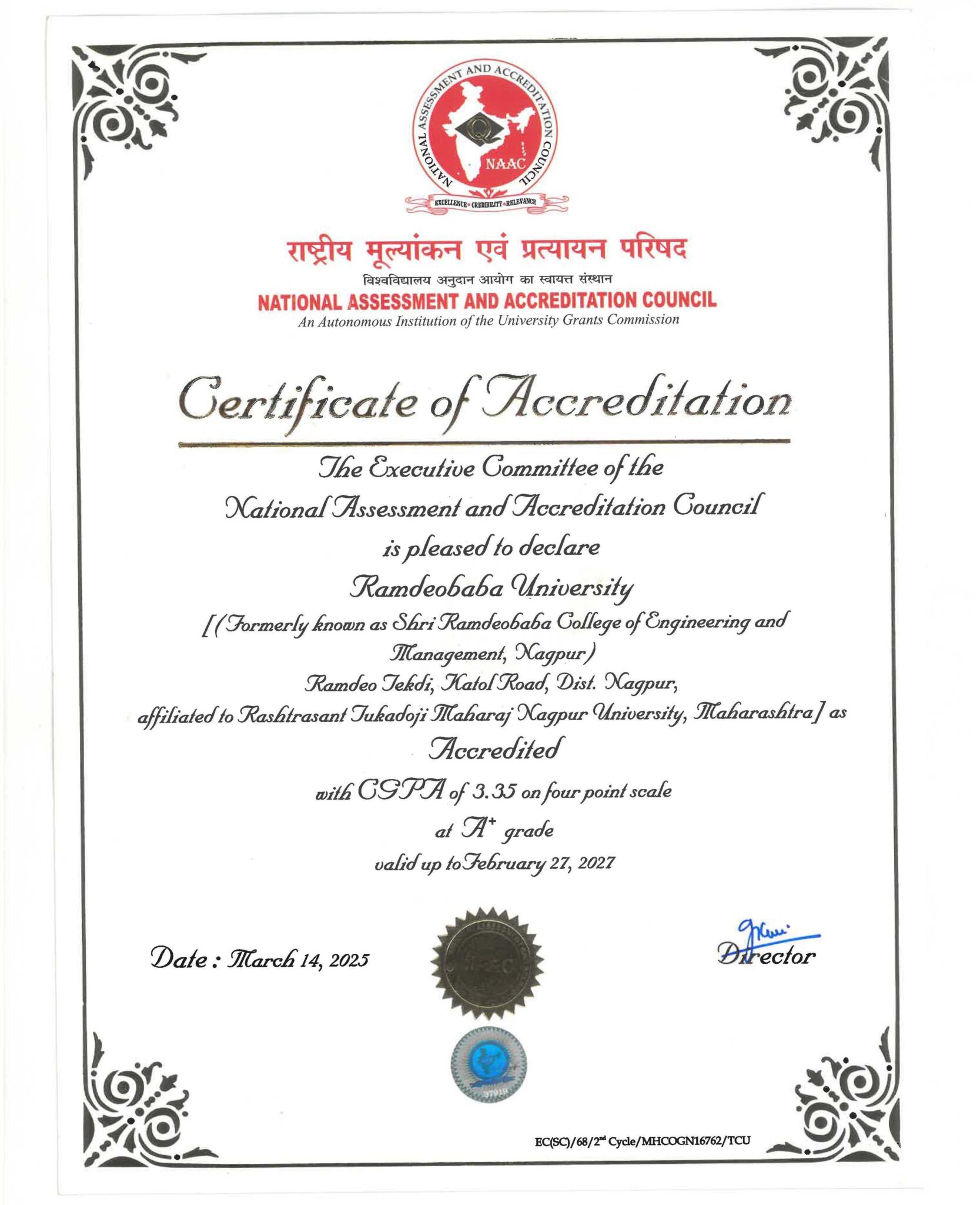 Certificate of Accreditation NAAC - Ramdeobaba University